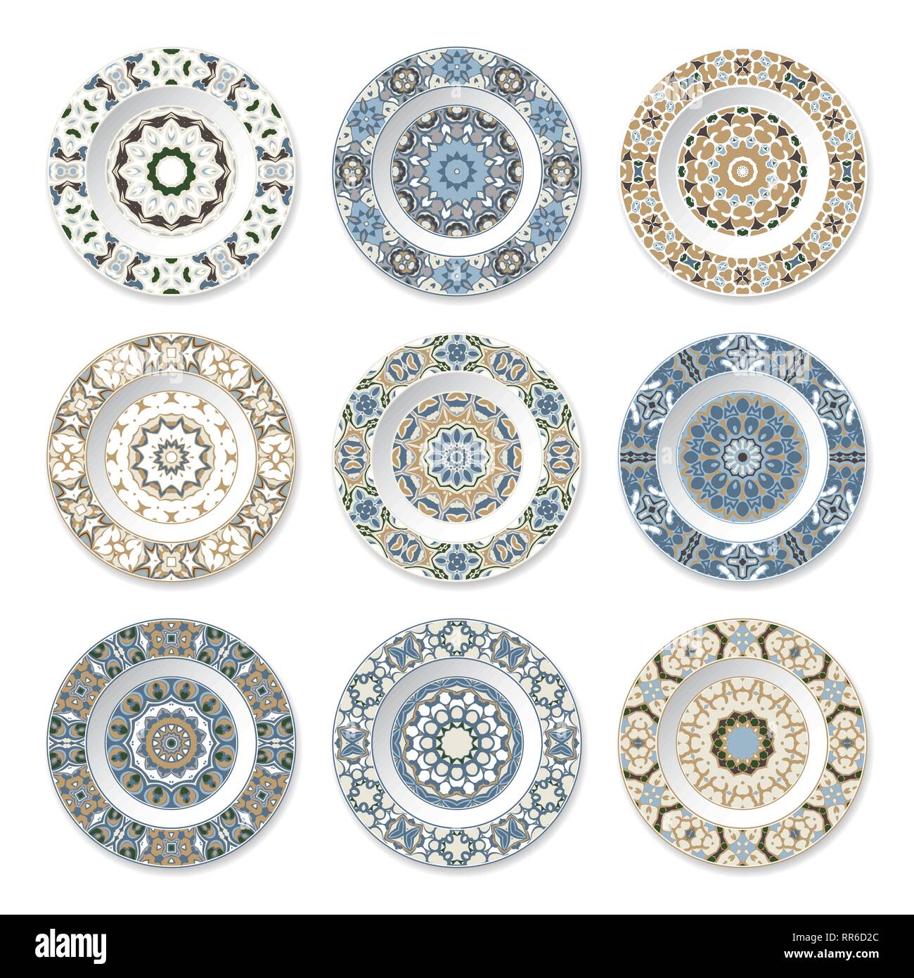 Set of nine decorative plates with a circular colored pattern, top view ...