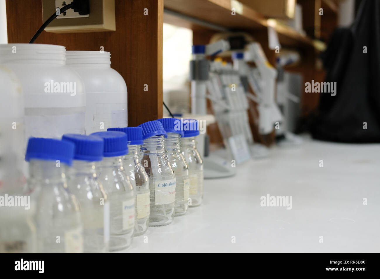 glass bottle in scientific lab. chemistry laboratory glassware Stock ...
