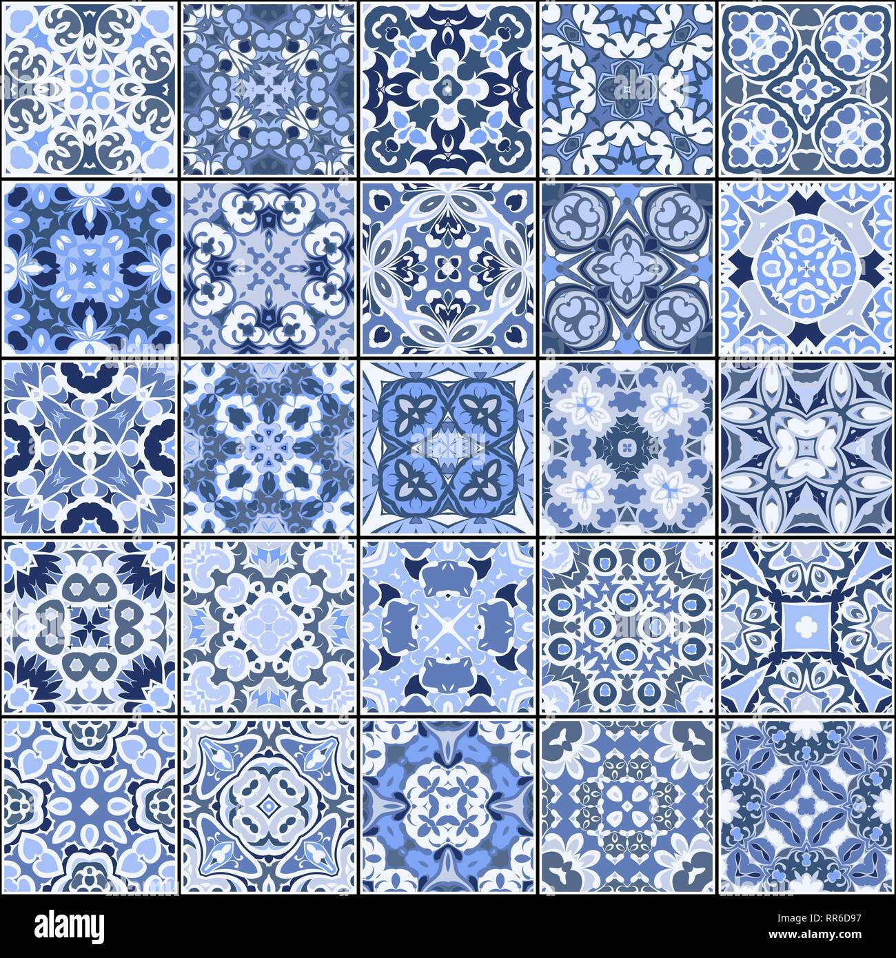 A collection of ceramic tiles in blue colors. A set of square patterns ...
