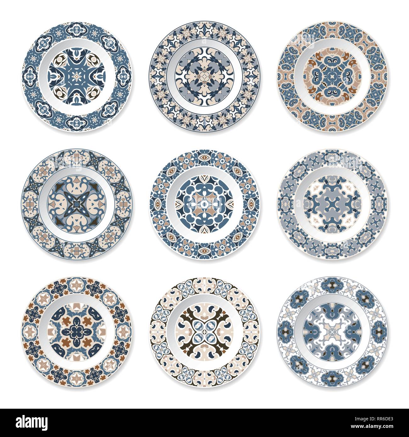 Set of nine decorative plates with a circular blue pattern, top view ...