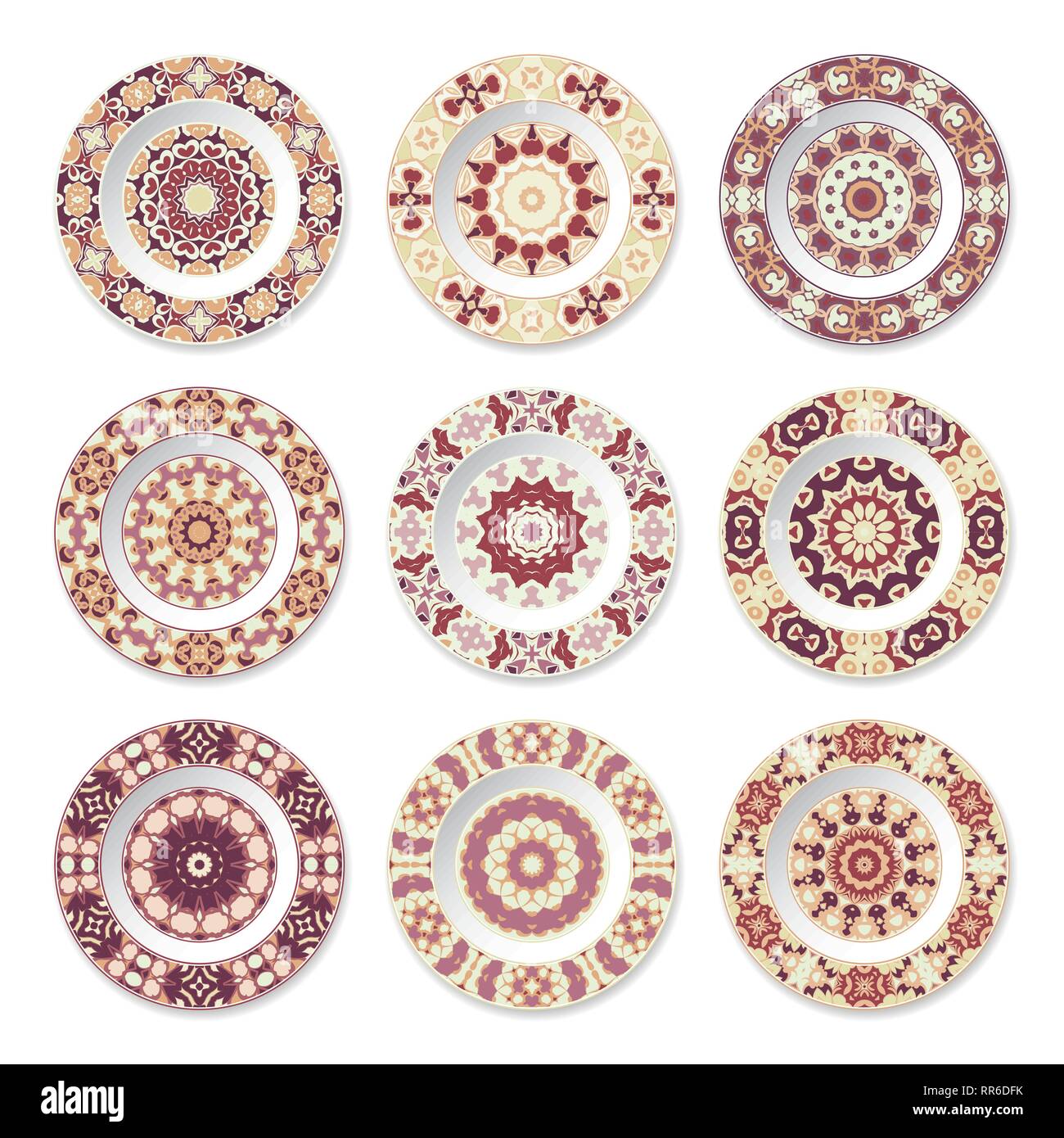 Set of decorative plates with a circular red pattern, top view. White ...