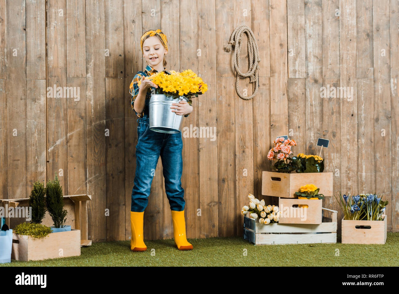 cheerful kid holding flowers in bucket near boxes with plants Stock ...