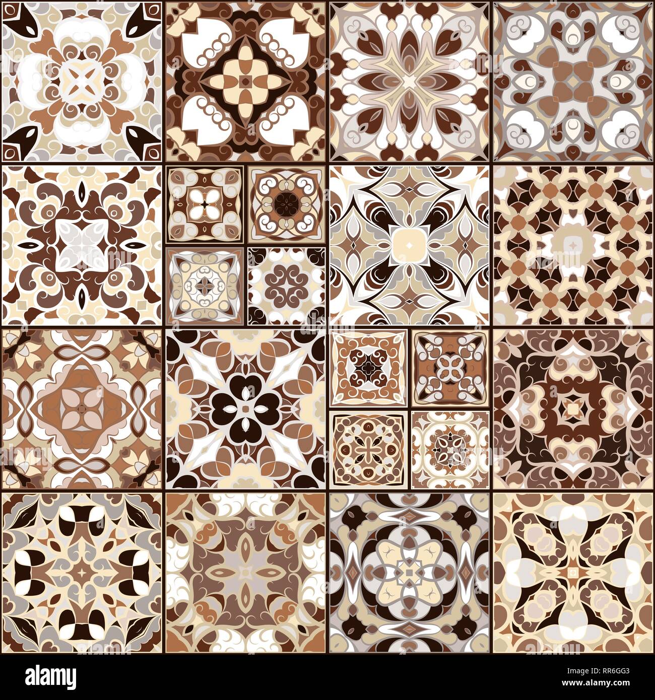 A collection of ceramic tiles in retro colors. A set of square patterns ...