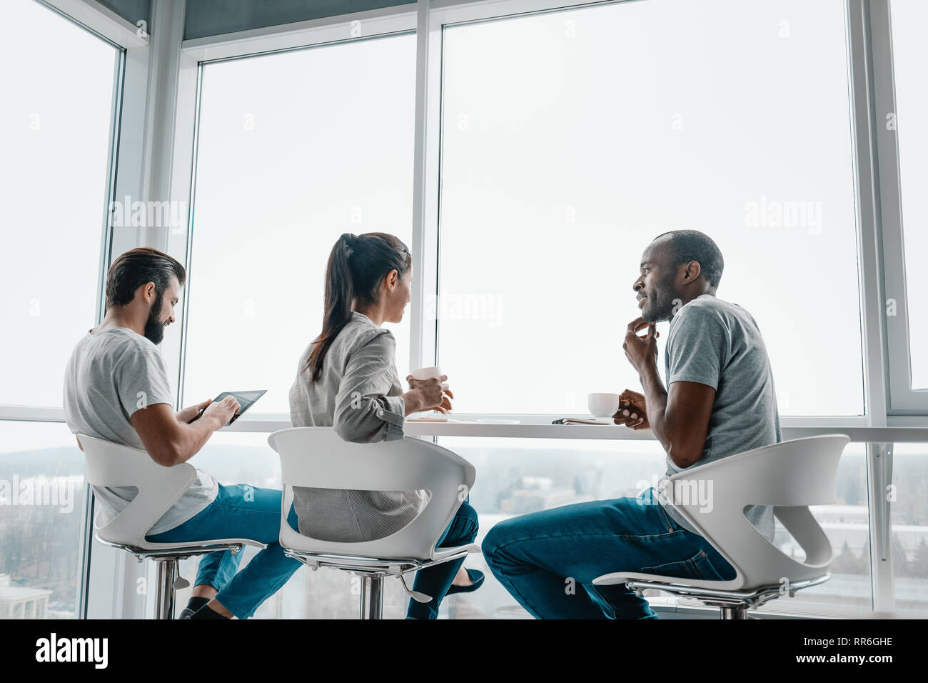 Happy Joyful Diverse Business People Laughing At Funny Joke Talking At