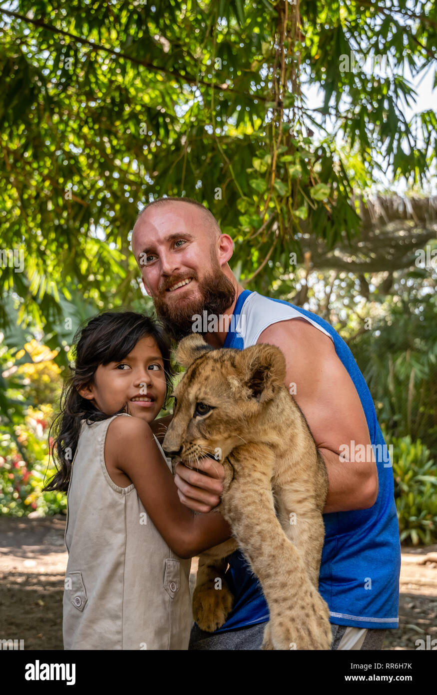 caucasian man and latin girl holding baby lion in Guatemalan zoo Stock ...