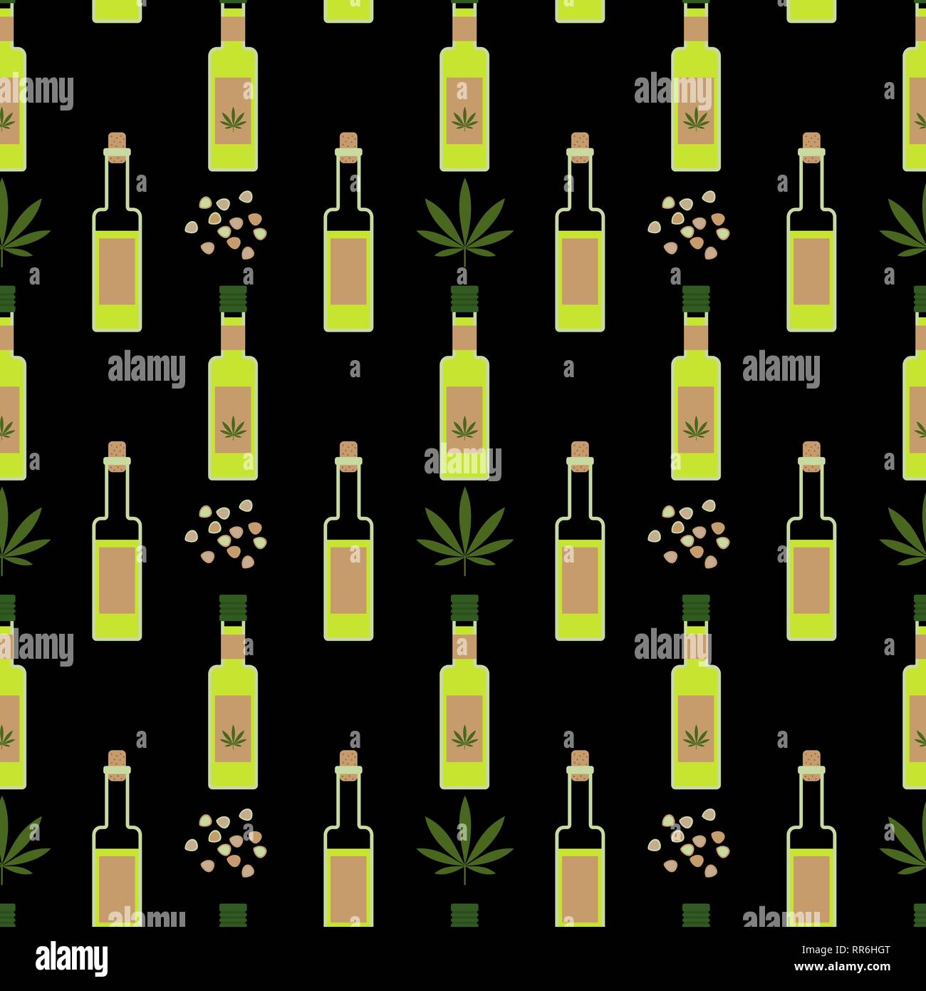 Hemp oil seamless pattern on black background. Cannabis products ...