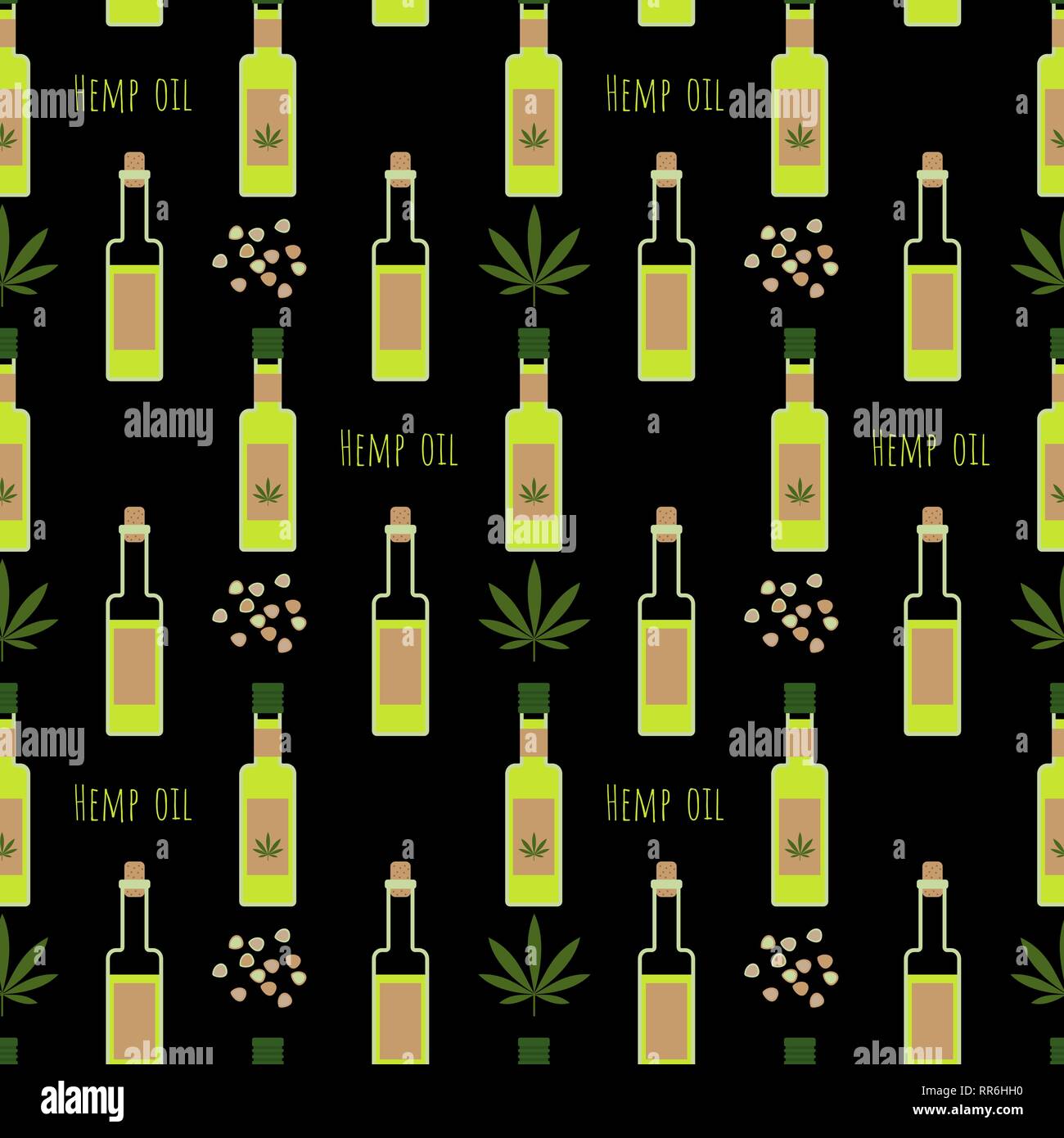 Hemp oil seamless pattern on black background. Cannabis products ...