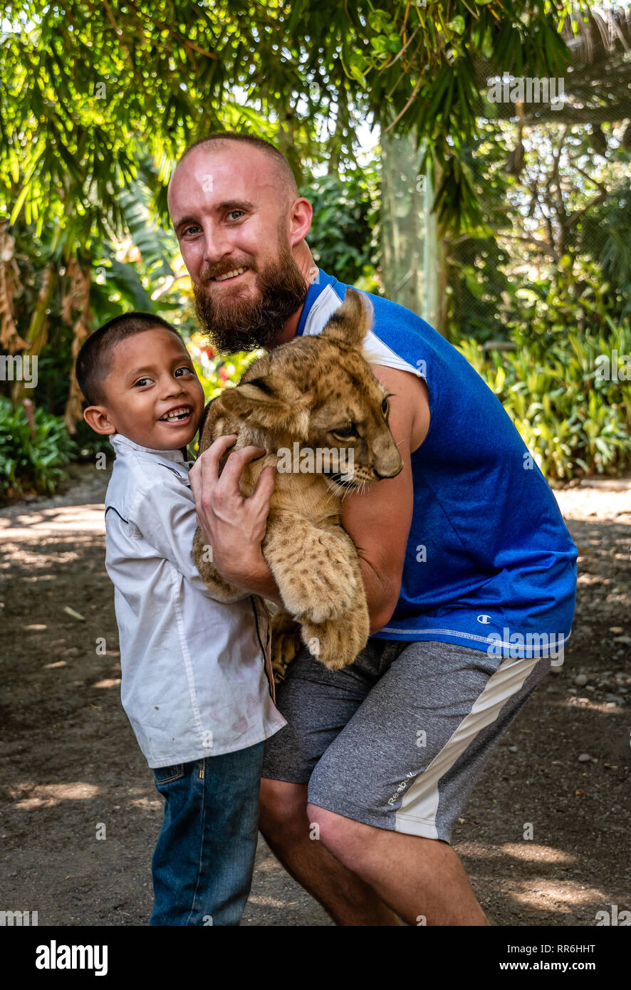 latin child and caucasian man holding baby lion in Guatemalan zoo Stock ...