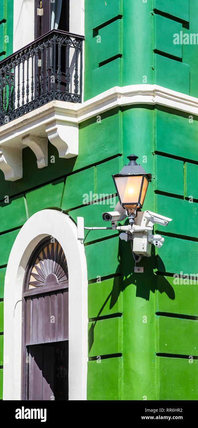A colorful odl building on the narrow streets of Old San Juan, Puerto ...