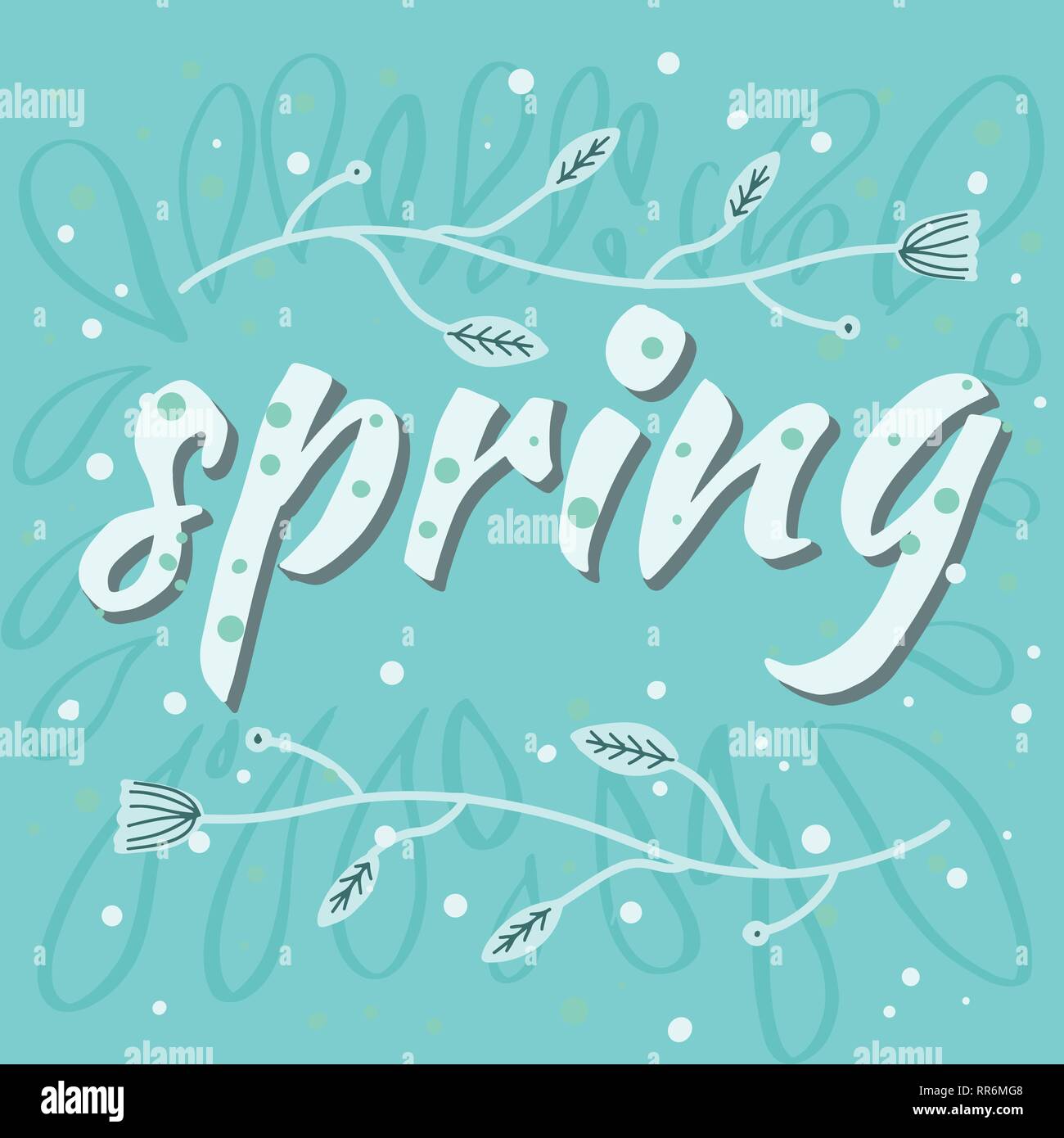 Spring. Hand Drawn Lettering. Typography element with floral leaves and ...