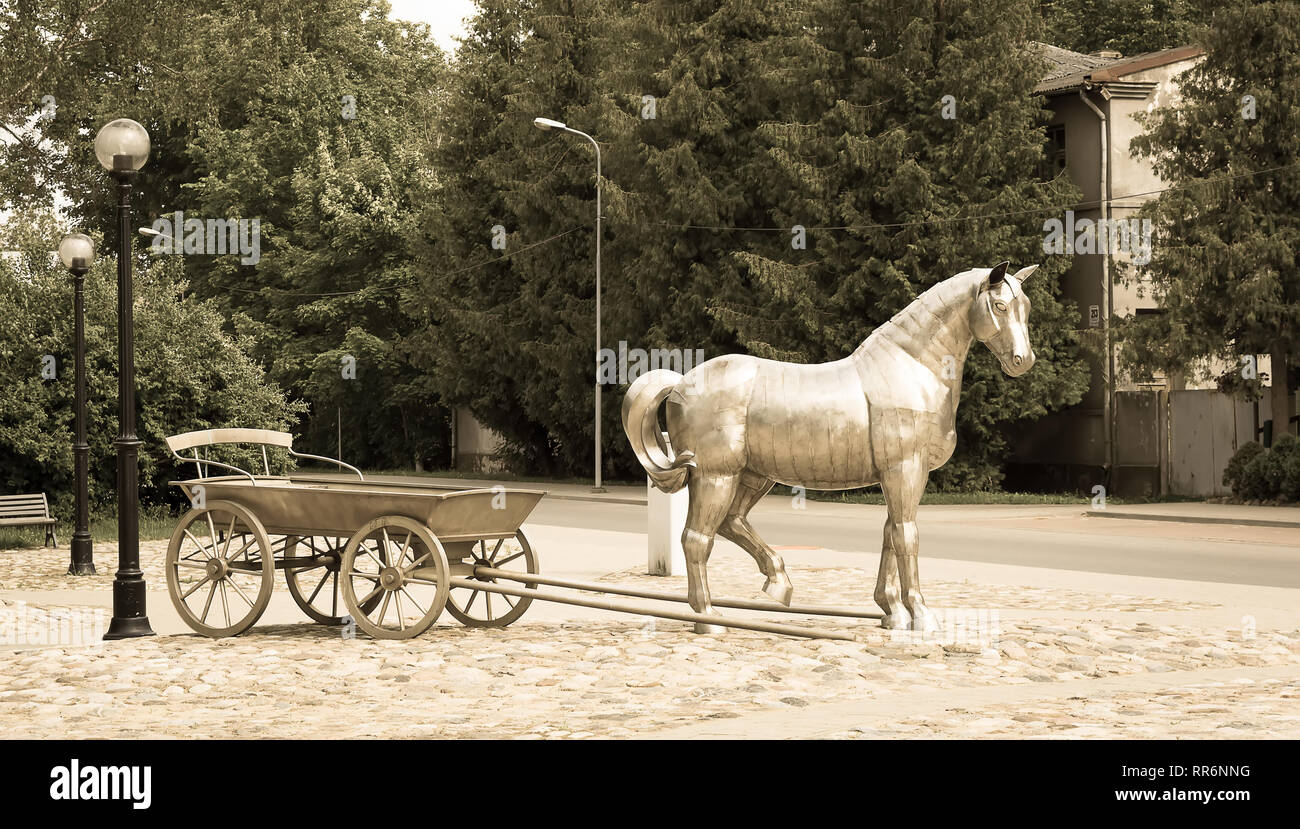 Jekabpils, Latvia - June 25 2017: Metal sculpture "Horse with a ...