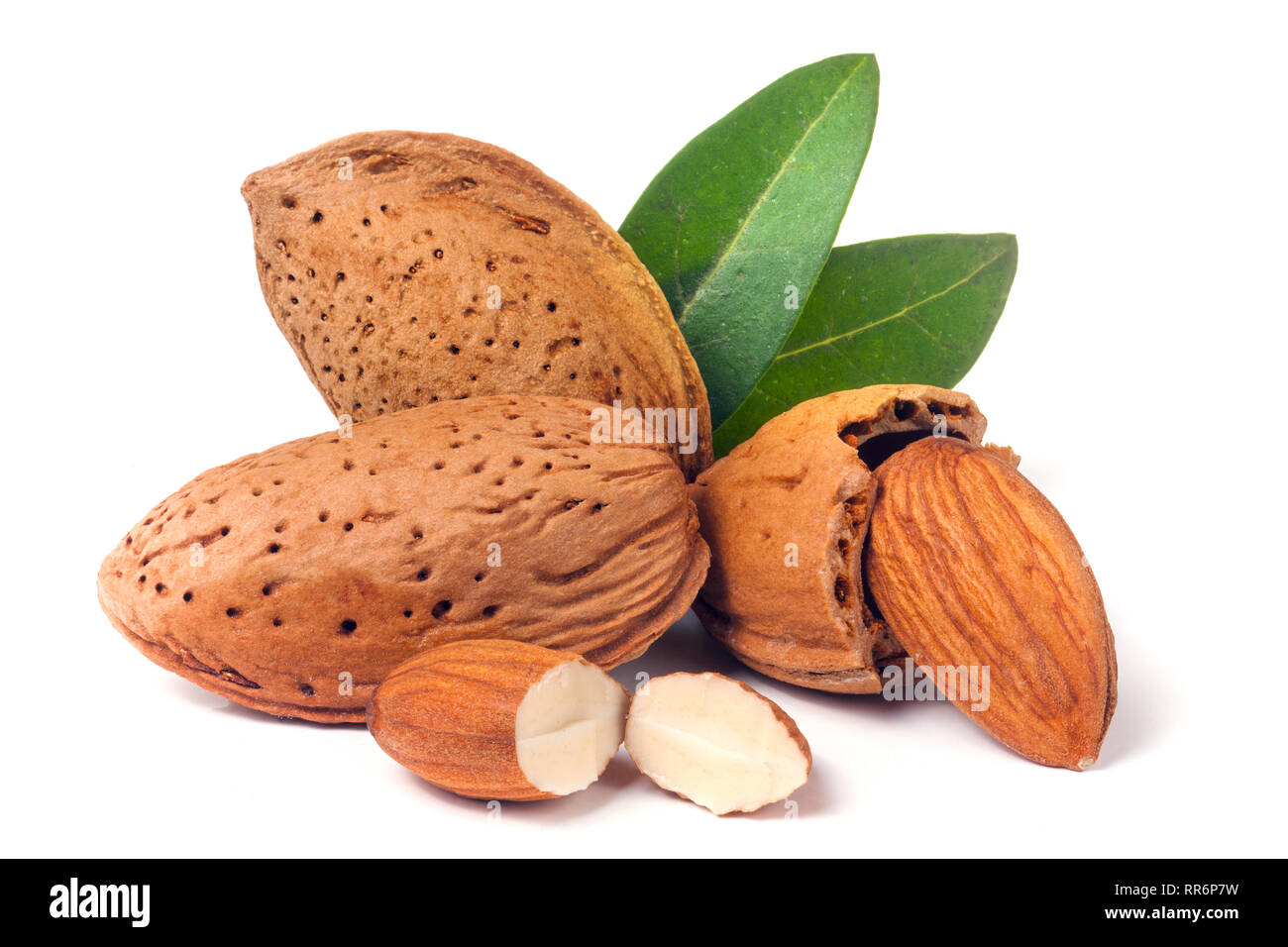almonds in their skins and peeled with leaf isolated on white ...