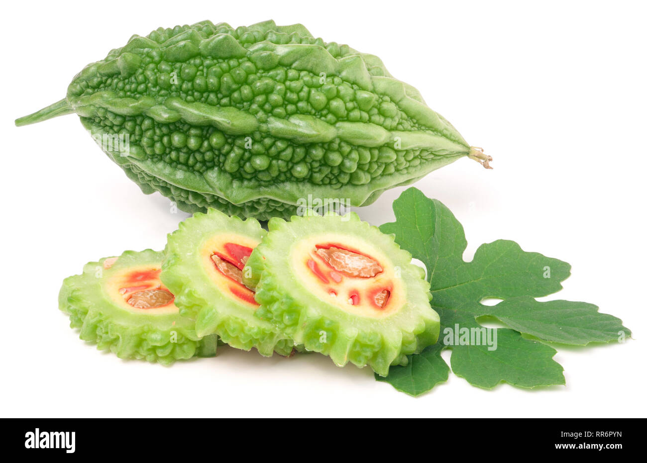 green bitter melon or momordica with leaf isolated on white background ...