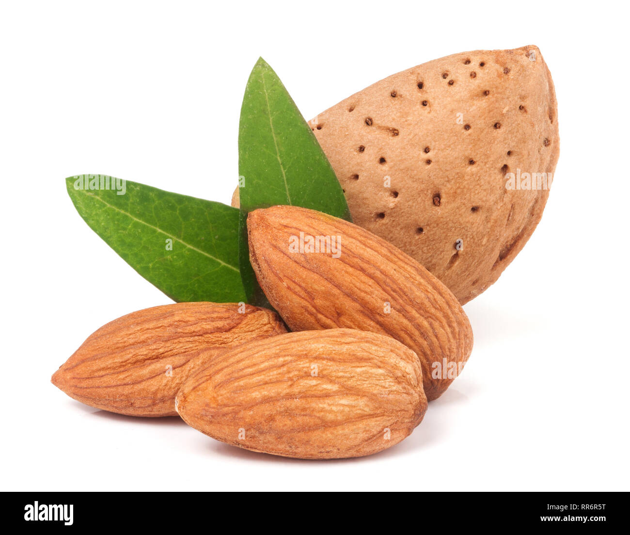 almonds in their skins and peeled with leaf isolated on white ...