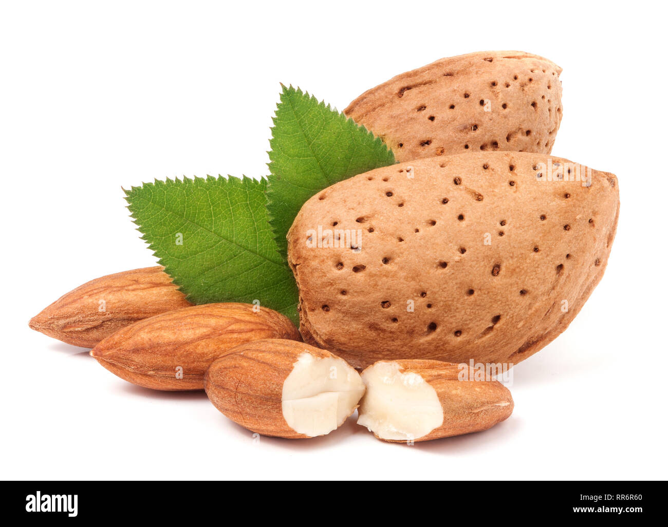 almonds in their skins and peeled with leaf isolated on white ...