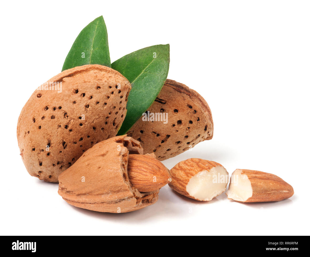 almonds in their skins and peeled with leaf isolated on white ...
