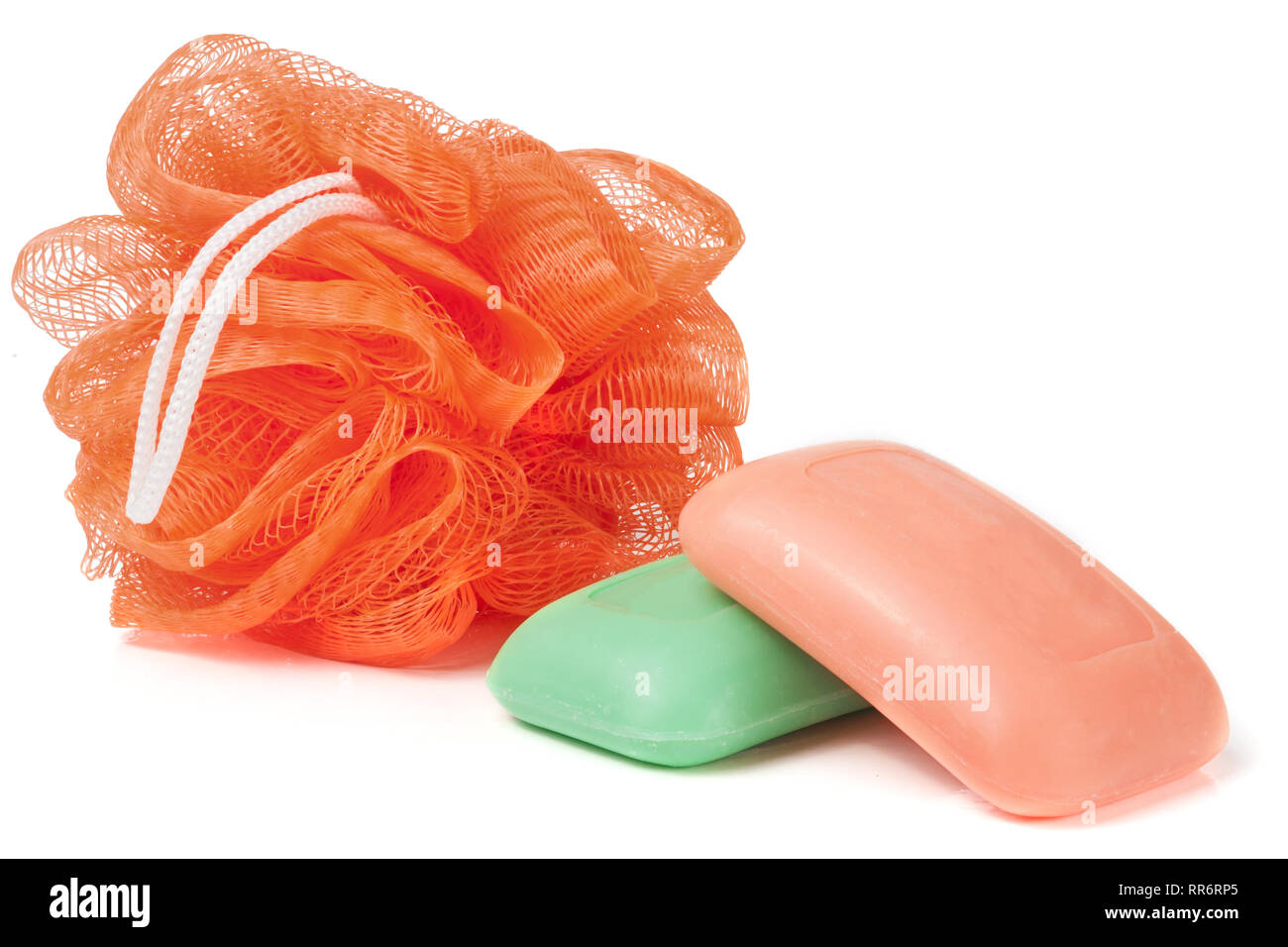 sponge shower and soap isolated on white background Stock Photo - Alamy