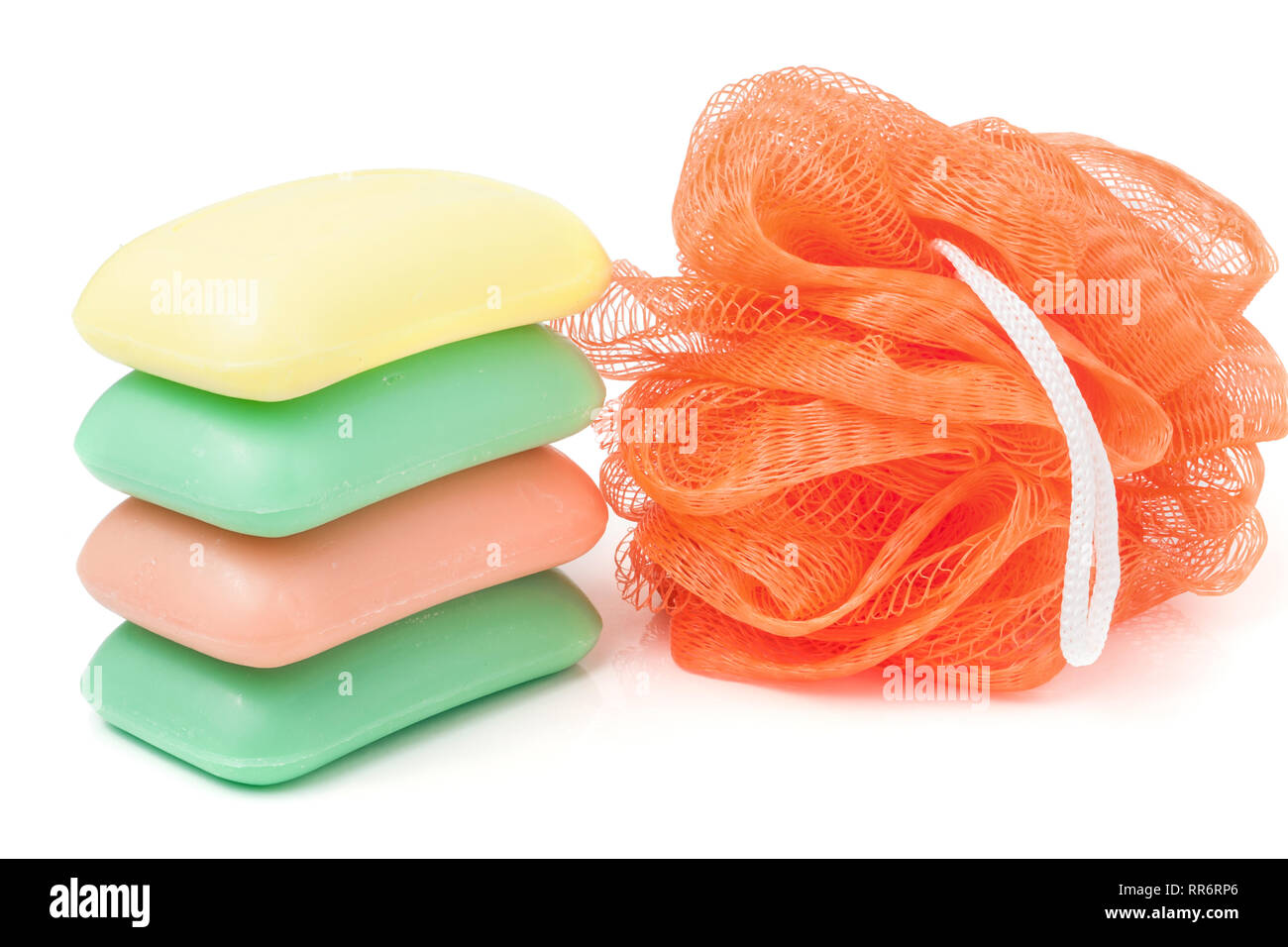 sponge shower and soap isolated on white background Stock Photo - Alamy