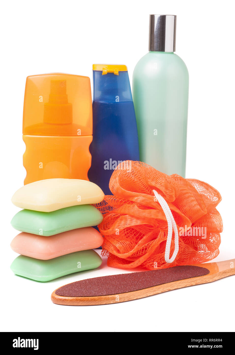 shower accessories isolated on white background Stock Photo - Alamy