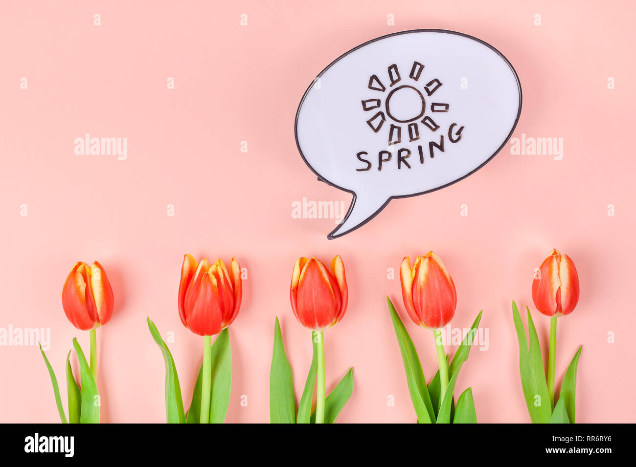 Creative flat lay top view welcome spring greeting card with red tulips ...