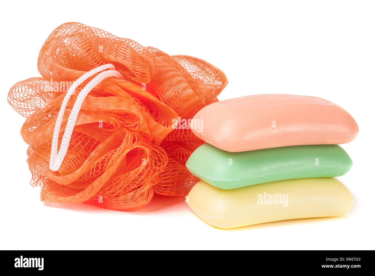sponge shower and soap isolated on white background Stock Photo - Alamy