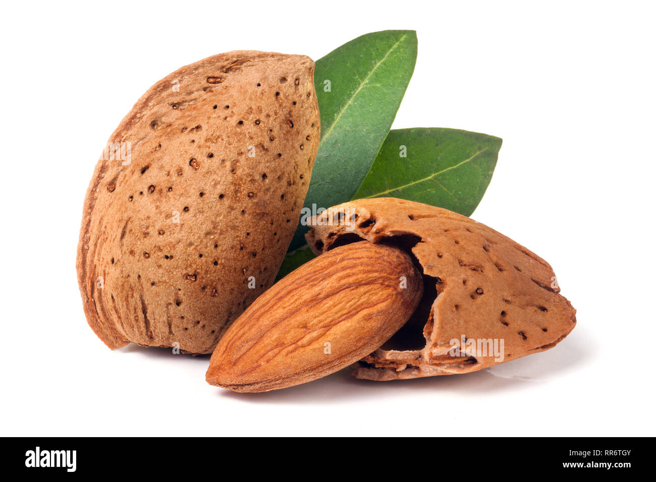 almonds in their skins and peeled with leaf isolated on white ...
