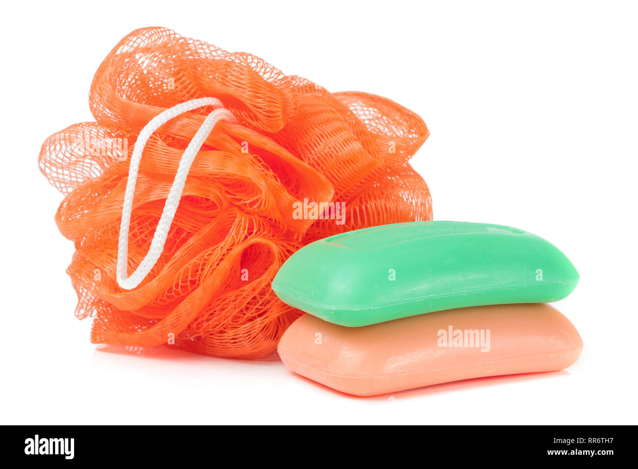 sponge shower and soap isolated on white background Stock Photo - Alamy