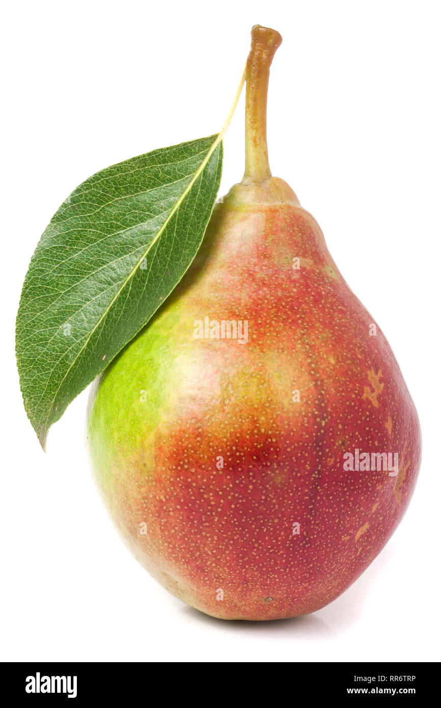 one red-yellow pear with leaf isolated on white background Stock Photo ...