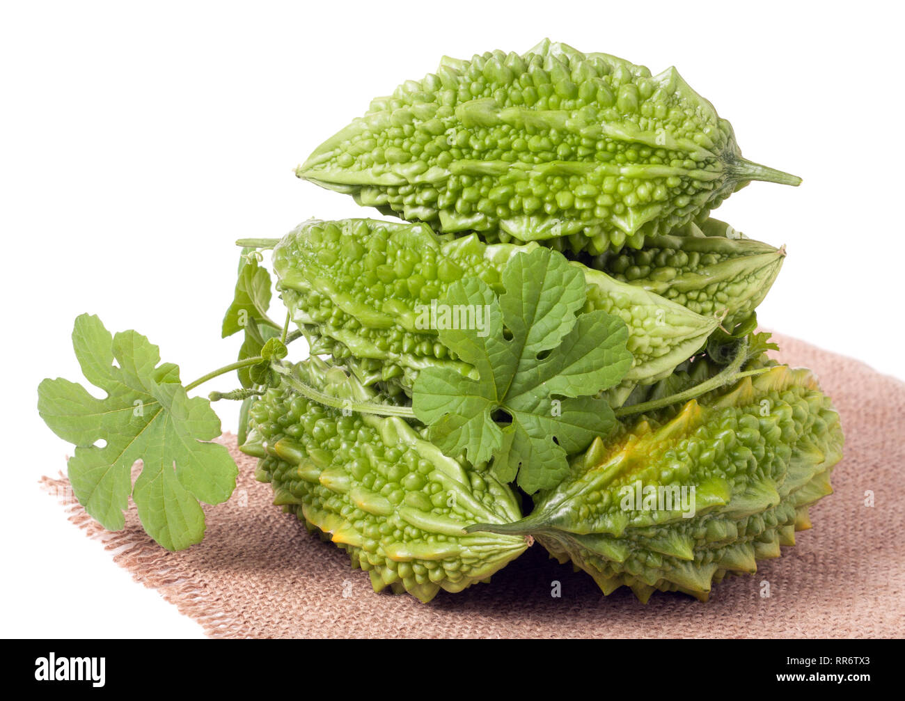 heap of bitter melon or momordica with leaves isolated on white ...