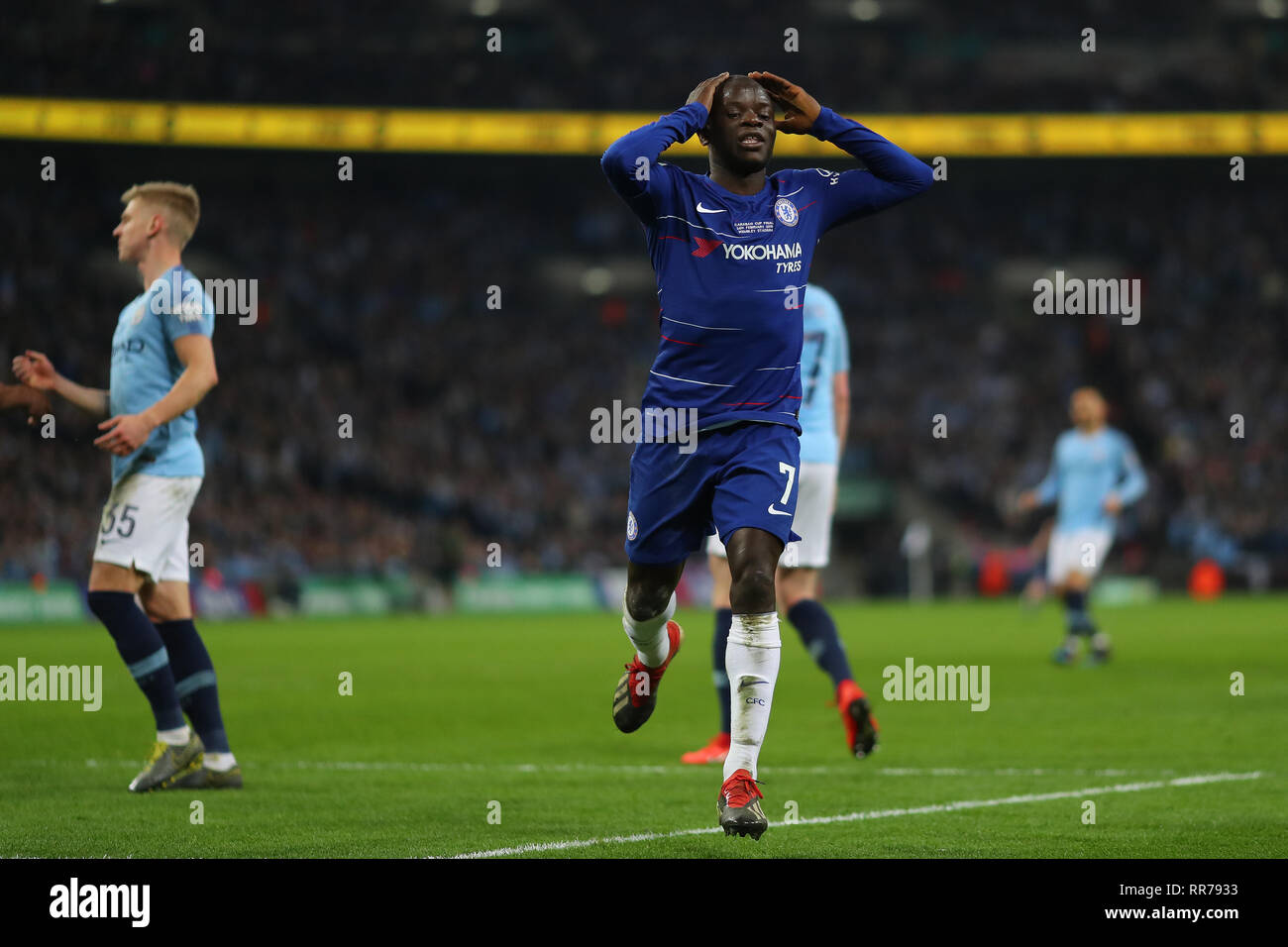 London, UK. 24th Feb, 2019. Ngolo Kante of Chelsea reacts after missing ...
