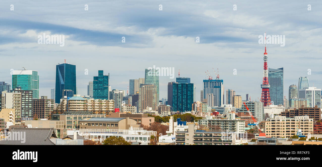 View of Tokyo skyline with modern skyscrapers and ordinary buildings ...