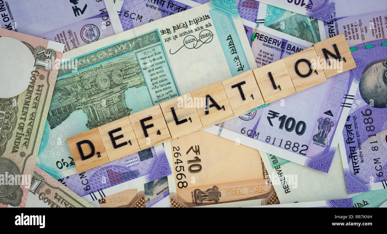 Concept of Deflation word on Indian currency Notes Stock Photo - Alamy