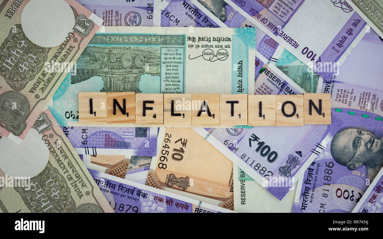 Concept of Inflation word on Indian currency Notes Stock Photo - Alamy