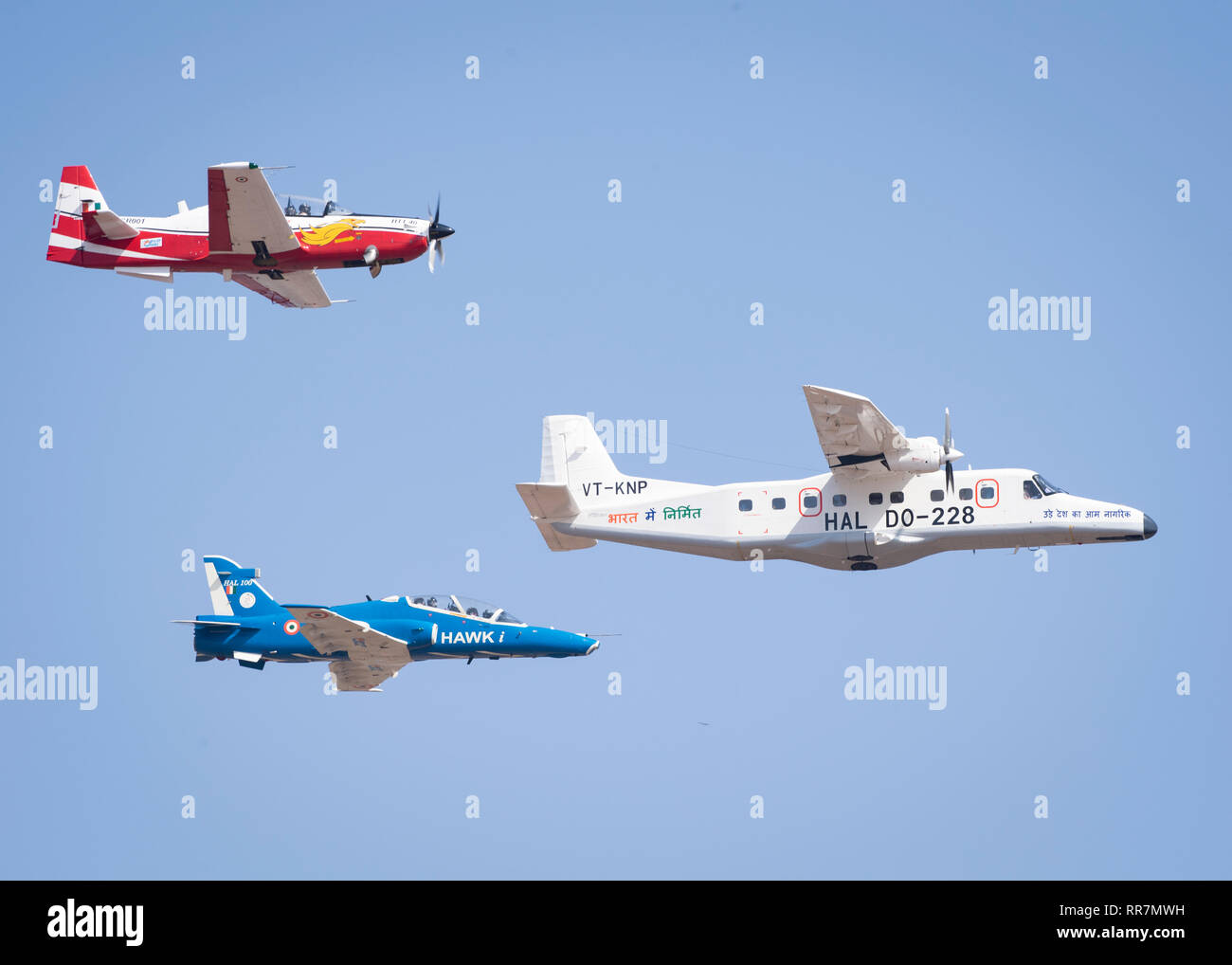 Aircraft perform a demonstration flight during Aero India 2019’s ...