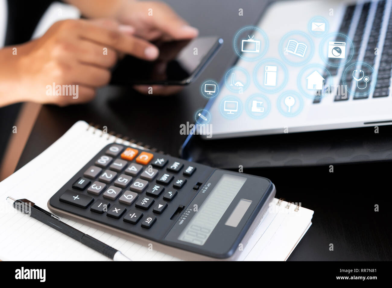 Man using tablet computer virtual interface graphic icons network ...