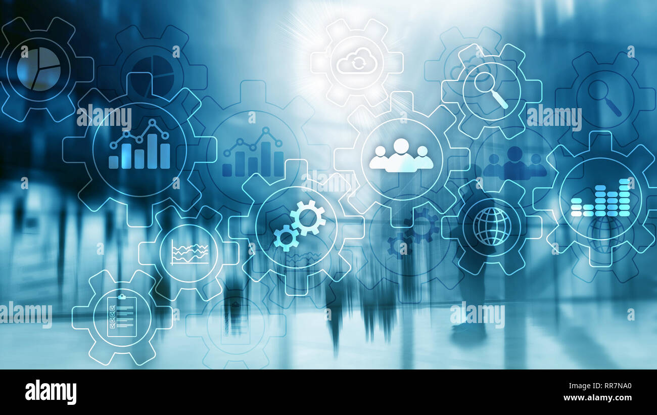 Business process abstract diagram with gears and icons. Workflow and ...