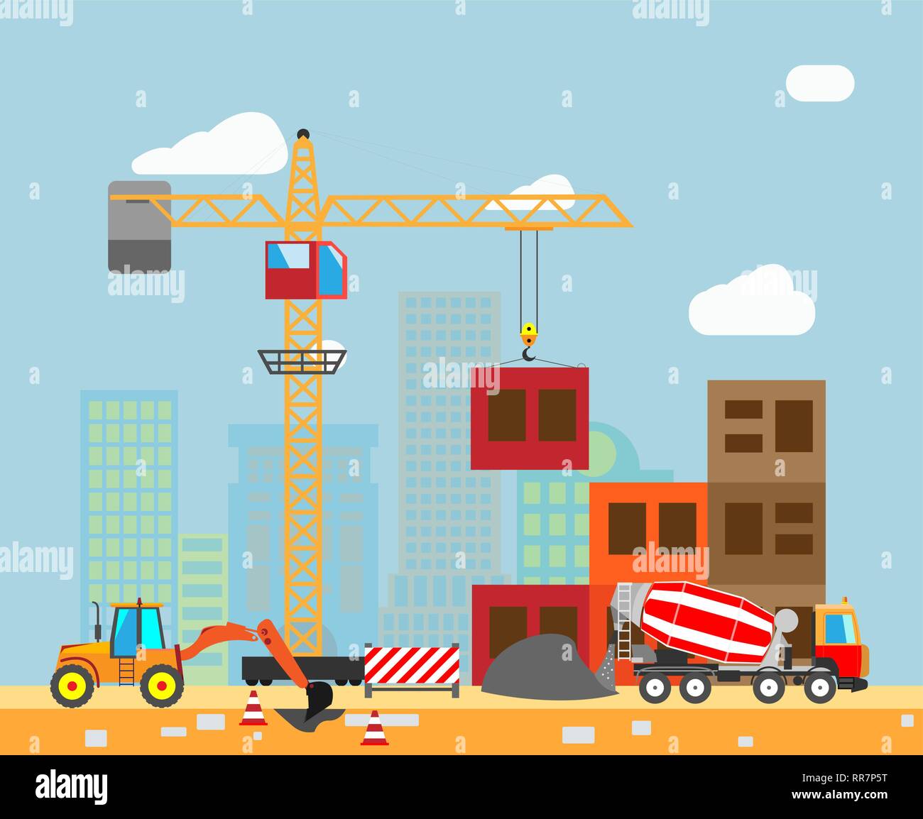 Building work process with houses and construction machines in the town ...