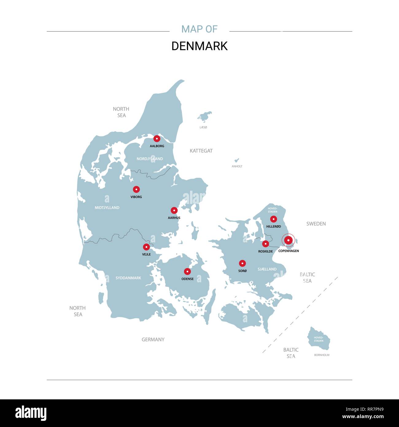 Denmark vector map. Editable template with regions, cities, red pins ...