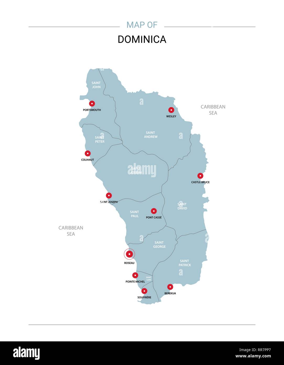 Dominica vector map. Editable template with regions, cities, red pins ...