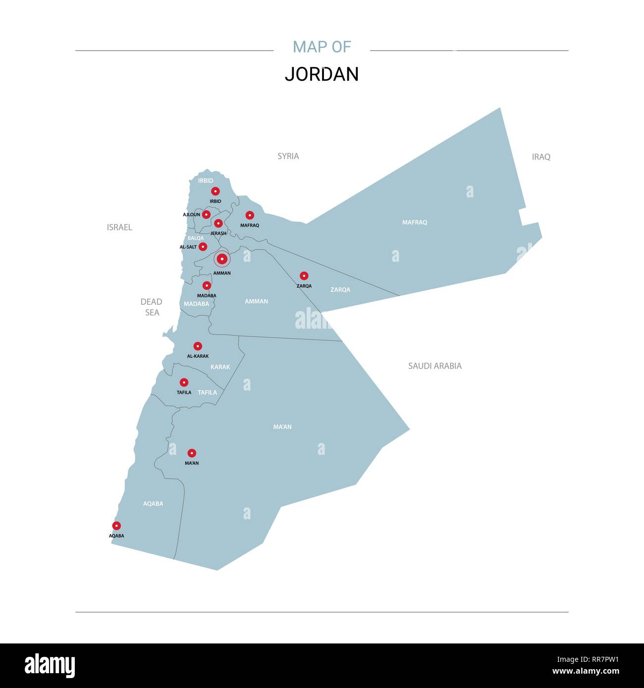 Jordan vector map. Editable template with regions, cities, red pins and ...