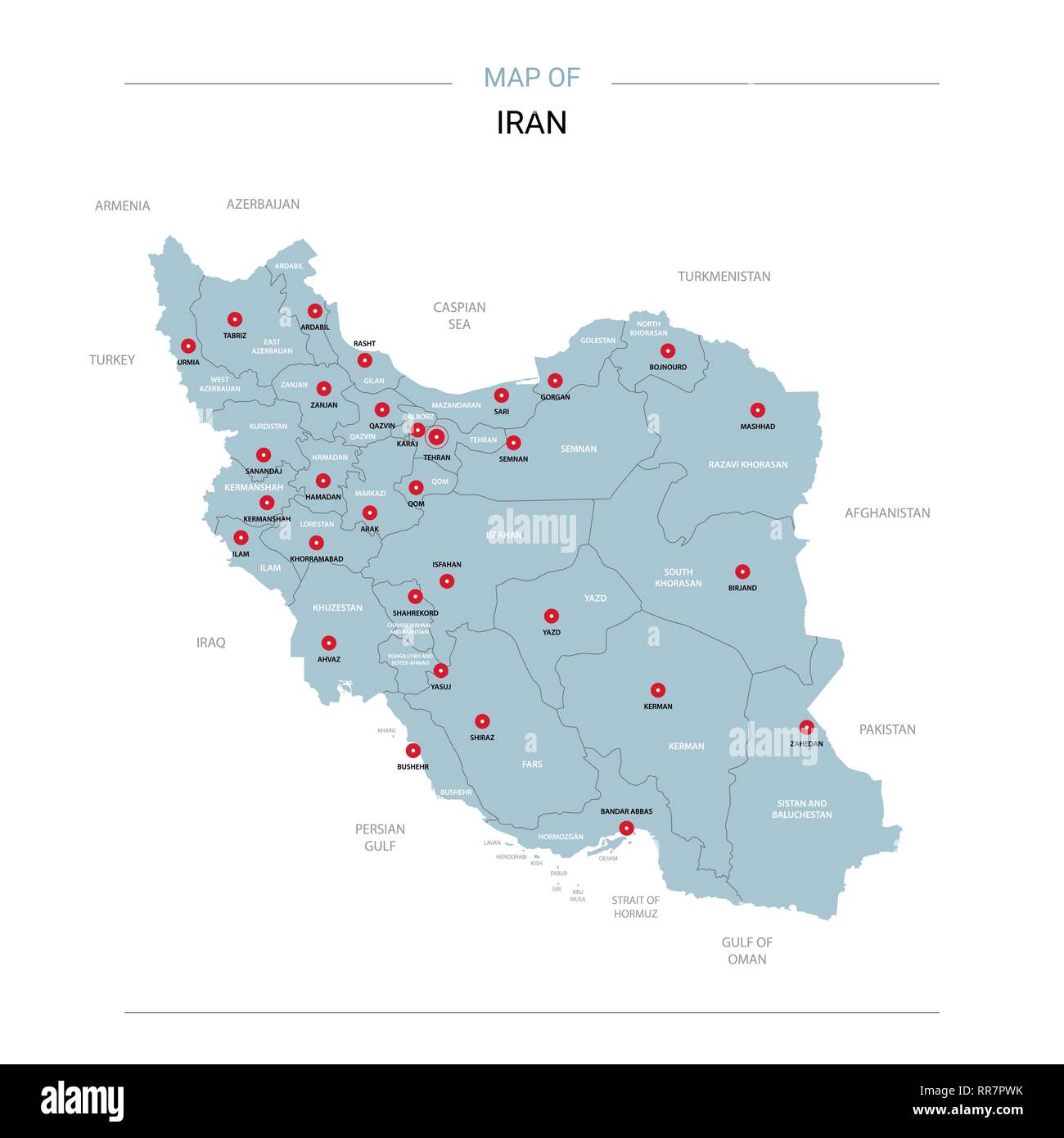 Iran vector map. Editable template with regions, cities, red pins and ...