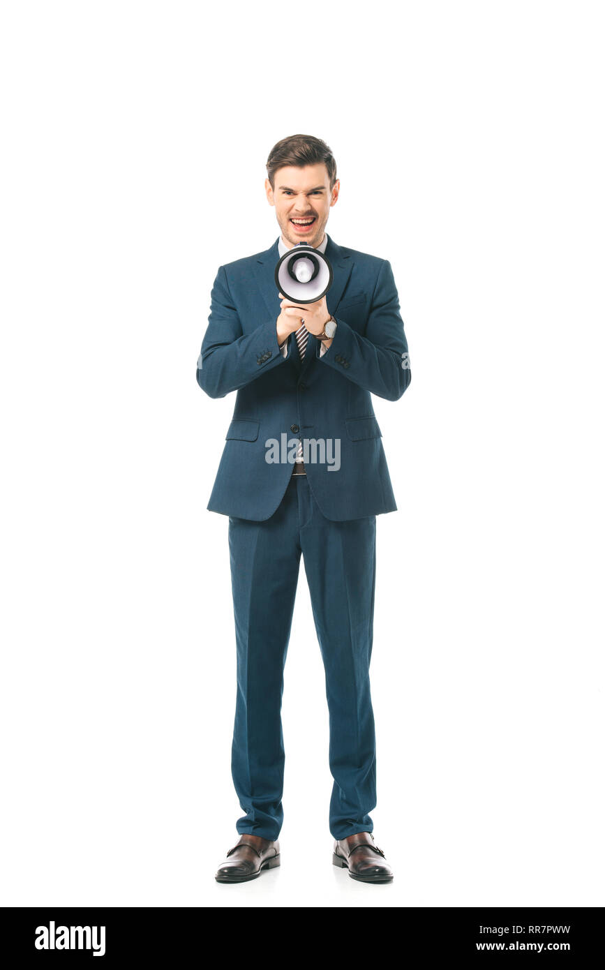 angry businessman in suit yelling with megaphone isolated on white ...