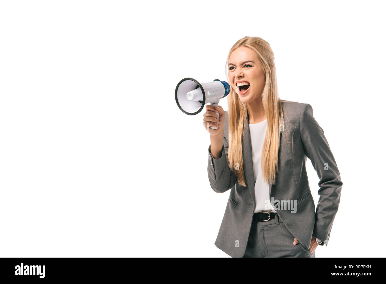 emotional blonde businesswoman screaming with megaphone, isolated on ...
