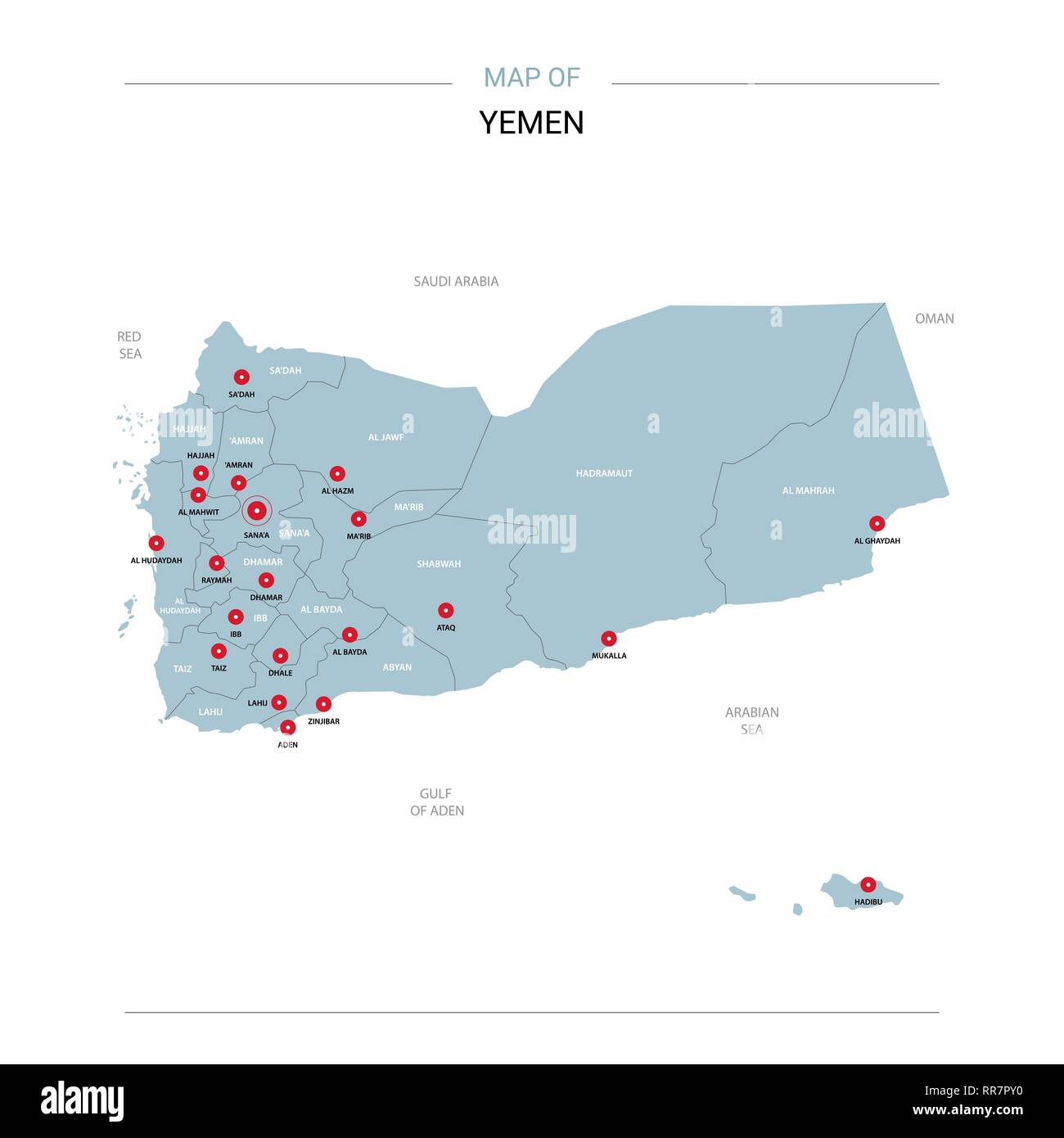 Yemen vector map. Editable template with regions, cities, red pins and ...