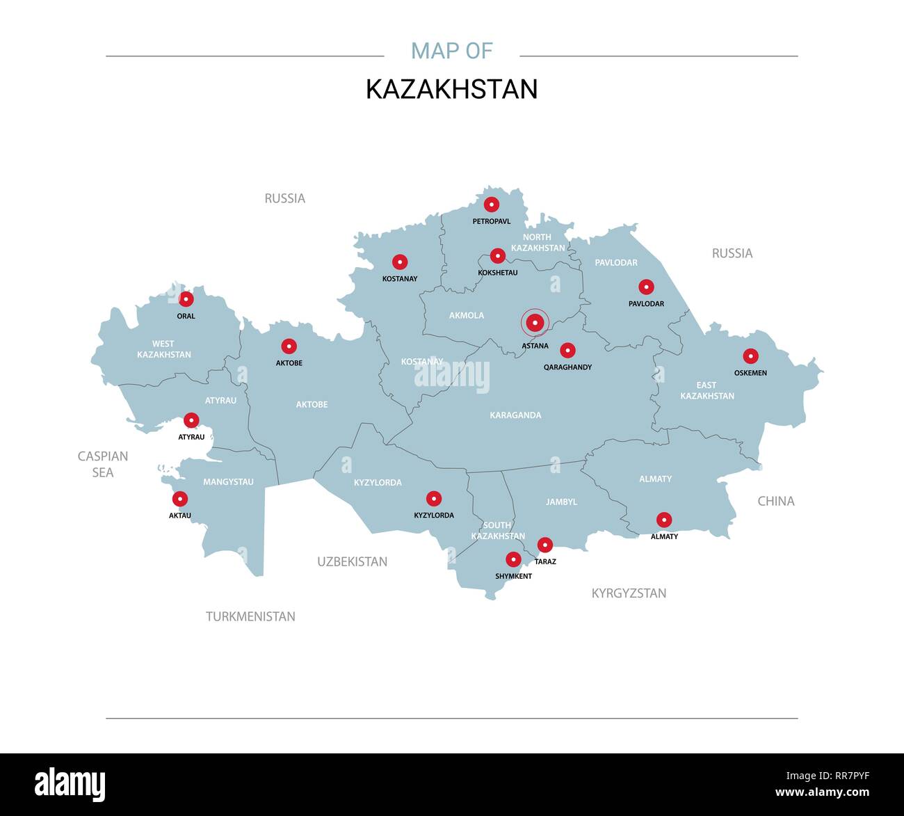 Kazakhstan vector map. Editable template with regions, cities, red pins ...