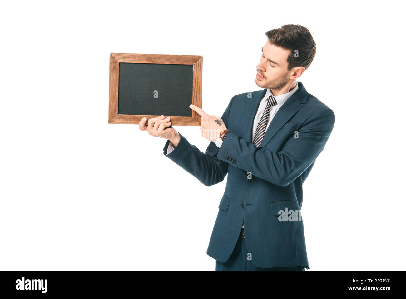 corporate businessman presenting blank board in wooden frame, isolated ...