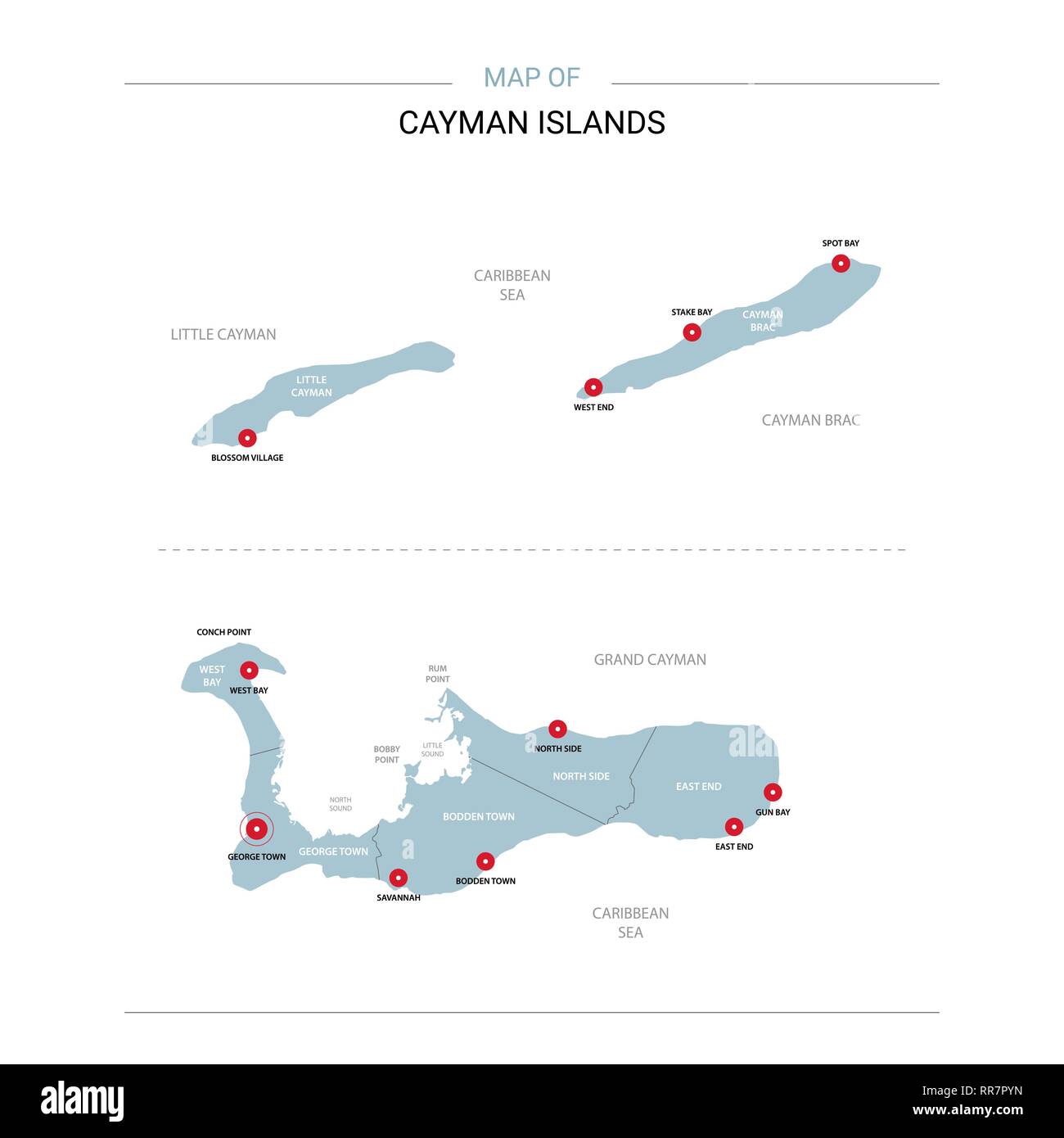 Cayman Islands vector map. Editable template with regions, cities, red ...