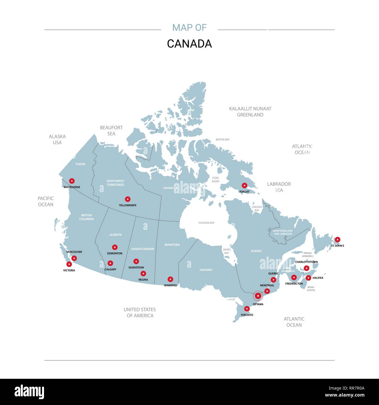 Canada vector map. Editable template with regions, cities, red pins and ...