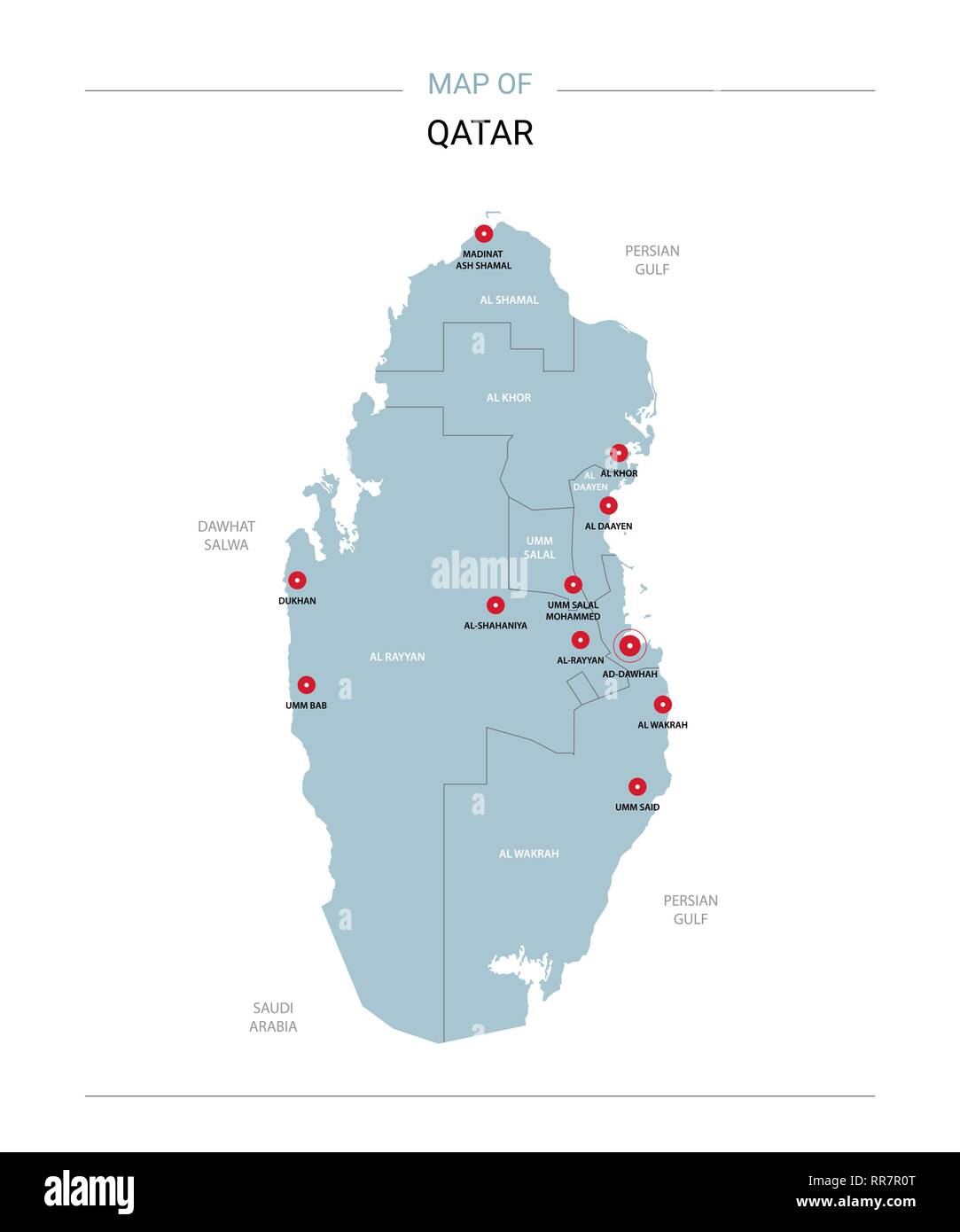 Qatar vector map. Editable template with regions, cities, red pins and ...