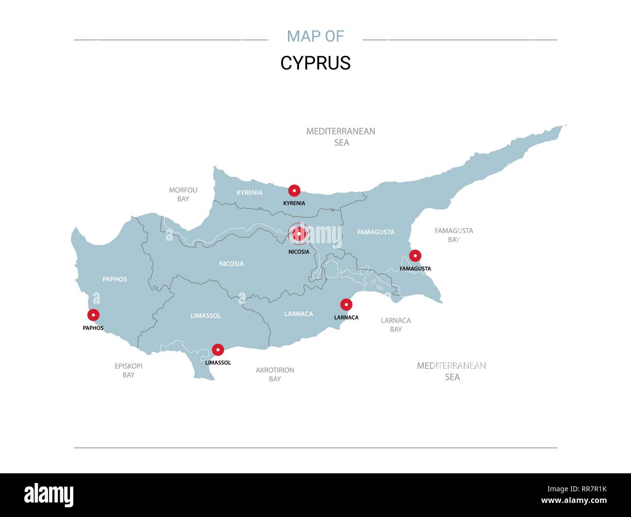 Cyprus vector map. Editable template with regions, cities, red pins and ...